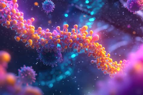 Close Up View Of Molecular Rna Chain With Surrounding Viruses Highlighting Intricate Biology