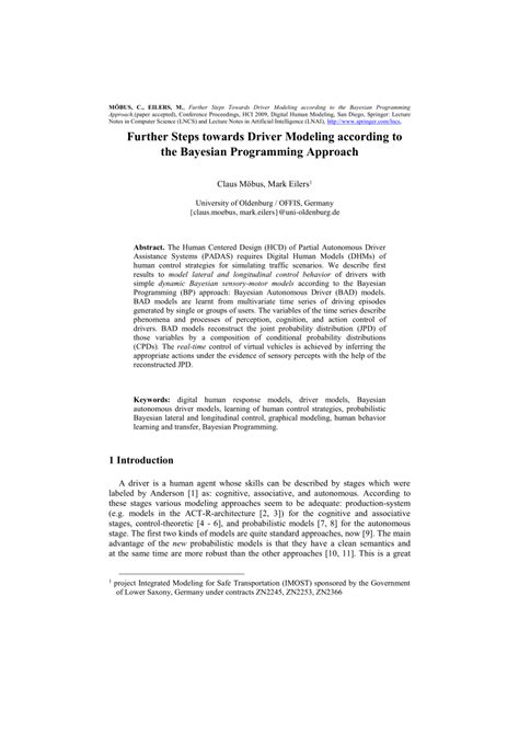 Pdf Further Steps Towards Driver Modeling According To The Bayesian