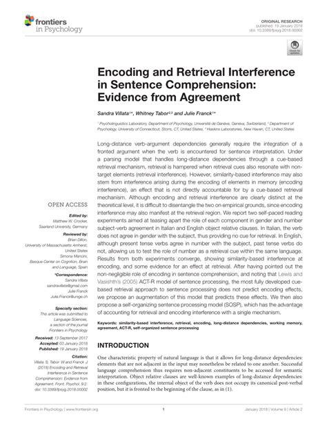 Pdf Encoding And Retrieval Interference In Sentence Comprehension