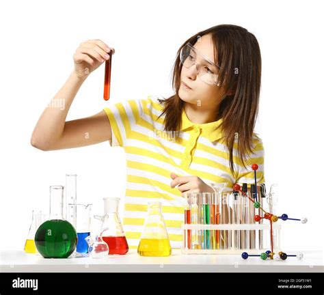 Beautiful Girl With Chemical Flasks And Test Tubes Isolated On White Stock Photo Alamy