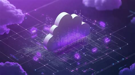 isometric cloud computing network purple glowing digital data server