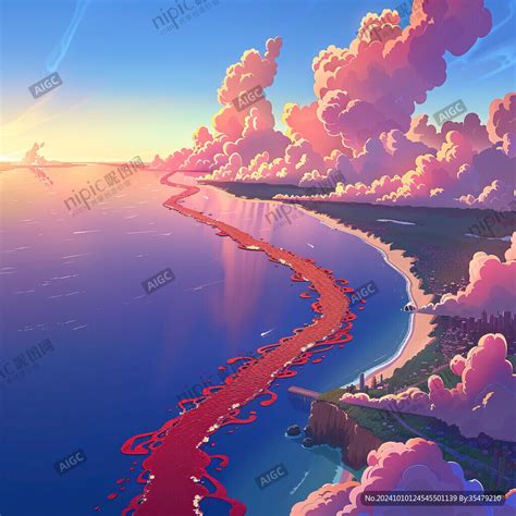 Ai创作图粉色水的奇幻超现实景观 插画海平面 粉红色的奇幻景观与粉红色的水 彩色河流风景 插画海洋辽阔 粉红色的3d风景 粉色奇幻超现实景观 河流蓝天红云 粉色的奇幻风景 风平浪静河流 唯美