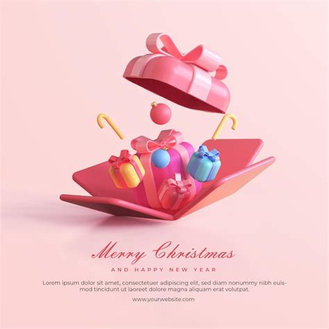 3d 오픈 선물 상자와 함께 메리 크리스마스와 새해 복 많이 받으세요 프리미엄 Psd 파일