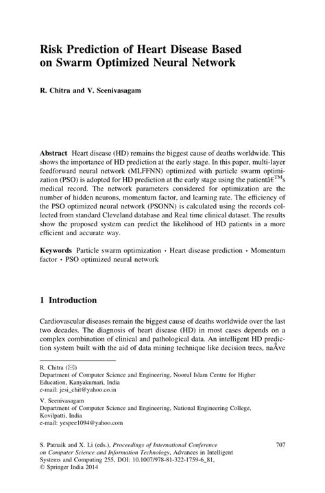 pdf risk prediction of heart disease based on swarm optimized neural network
