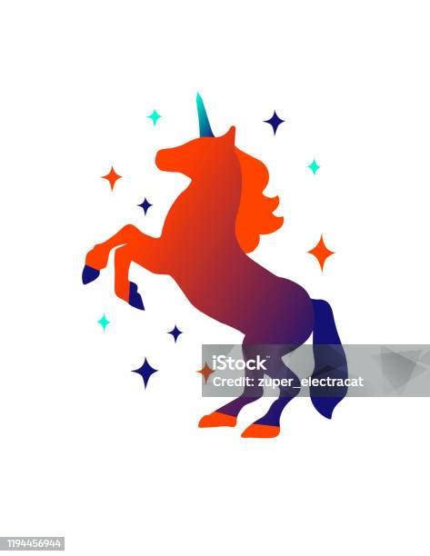 2020 년 의 색으로 그라데이션 실루엣을 기르는 귀여운 유니콘이 흰색 배경에 고립 되어 있습니다 만화 마술 개념입니다 로고 티셔츠 프린트 키즈룸 포스터 스티커용 스톡 벡터