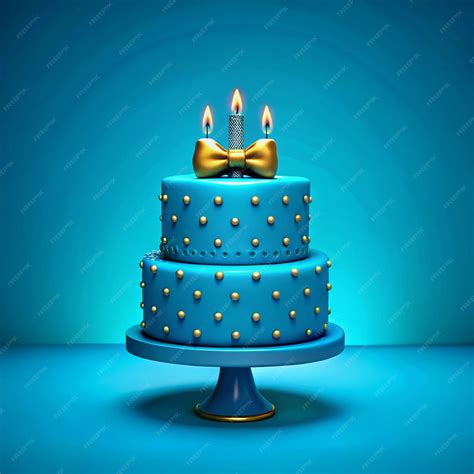Blue Birthday Cake With Golden Accents And Candles On Blue Background