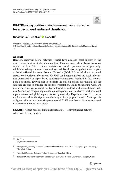 Pg Rnn Using Position Gated Recurrent Neural Networks For Aspect Based