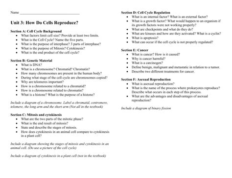 Cell Reproduction Study Guide Mitosis Meiosis Cancer