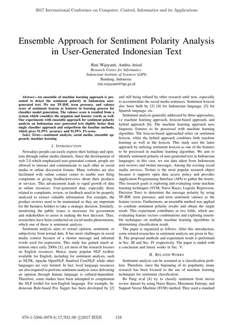 Pdf Ensemble Approach For Sentiment Polarity Analysis In User