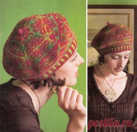 Жаккардовый берет спицами Снуды шапочки шарфы и прочее Постила