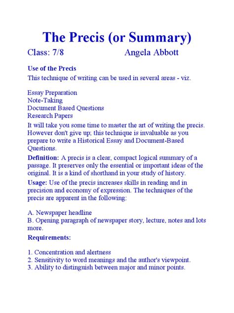 Precis Paragraph Template Precis Paragraph Template