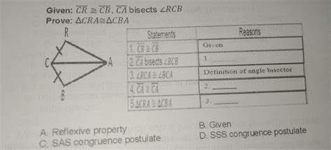 Solved Given Overline Cr≌ Overline Cb Overline Ca Bisects ∠ Rcb Prove Delta Cra≌ Delta Cba B