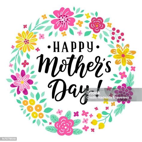 해피 어머니의 날 손으로 그린 글자 문구 꽃 화환이 있는 국제 휴일 축하 카드 핑크 옐로우 플라워 화환 Eps 10 벡터 삽화는 흰색 배경에 격리되어 있습니다 어버이날에