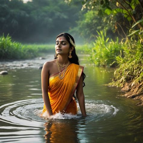 Traditional Indian Beautiful Girl Bathing In The River In 2024