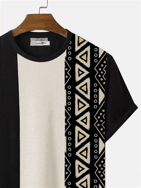 Mens Geometric Pattern Color Block Patchwork Knit Short Sleeve T Shirts