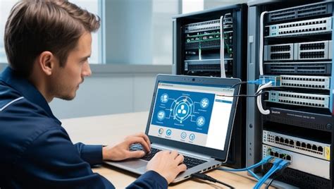 Technician Troubleshooting Network Issue With Diagnostic Tools On Laptop Connected To Server