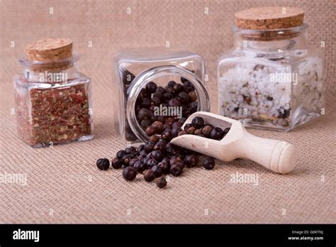 Photo Showing Juniper In Measuring Containers With A Wooden Scoop Stock