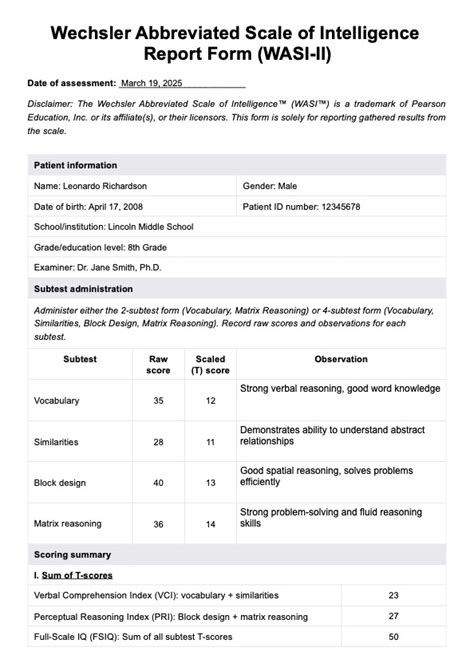 Wechsler Abbreviated Scale Of Intelligence Wasi And Example Free Pdf