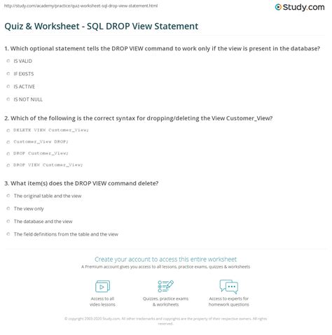 Quiz Worksheet SQL DROP View Statement Study