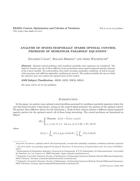 Pdf Analysis Of Spatio Temporally Sparse Optimal Control Problems Of