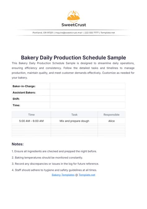 Free Bakery Daily Production Schedule Sample Template To Edit Online