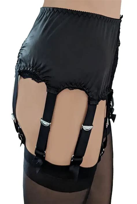 Black Satin Lace Front 8 Strap Suspender Belt