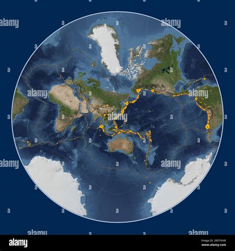 Okinawa Tectonic Plate On The Blue Marble Satellite Map In The Lagrange Oblique Projection