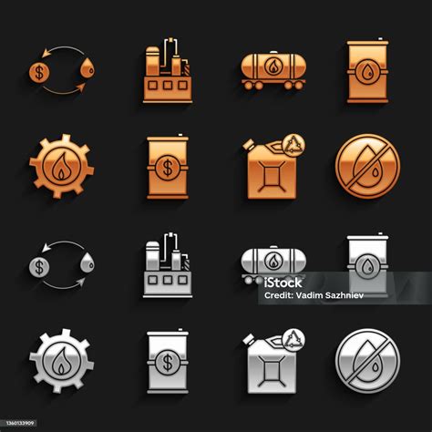 배럴 오일을 달러 드롭 없음 에코 연료 통 석유 산업 공장 건물 철도 시스터 교환 및 아이콘으로 설정합니다 벡터 0명에 대한 스톡 벡터 아트 및 기타 이미지 Istock