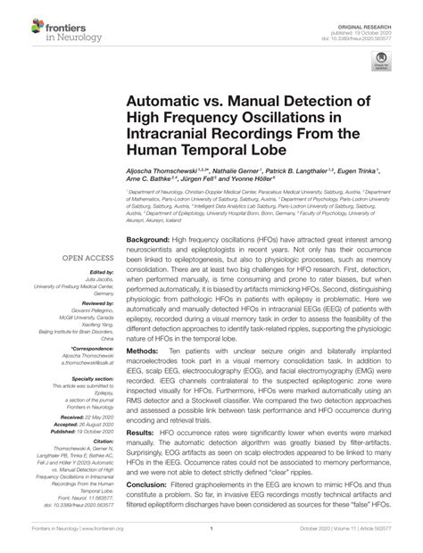 Pdf Automatic Vs Manual Detection Of High Frequency Oscillations In Intracranial Recordings