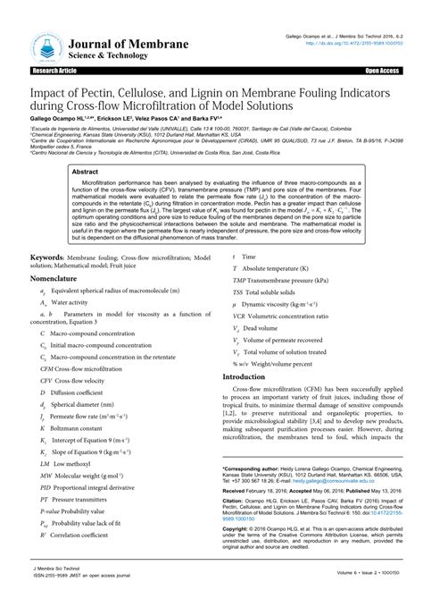 Pdf Impact Of Pectin Cellulose And Lignin On Membrane Fouling Indicators During Cross Flow