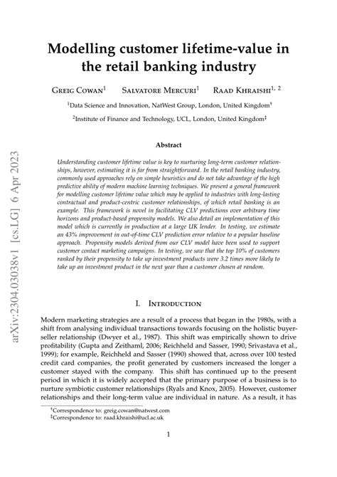 Pdf Modelling Customer Lifetime Value In The Retail Banking Industry