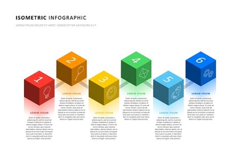 6 개의 사실적인 3d 입방 요소와 아이소메트릭 인포 그래픽 타임 라인 템플릿 브로셔 배너 연례 보고서 및 프리젠 테이션을위한 현대적인 비즈니스 프로세스 다이어그램 편집하고