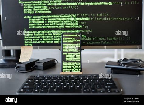 Background Image Of Computer Screen With Green Code Lines Focus On