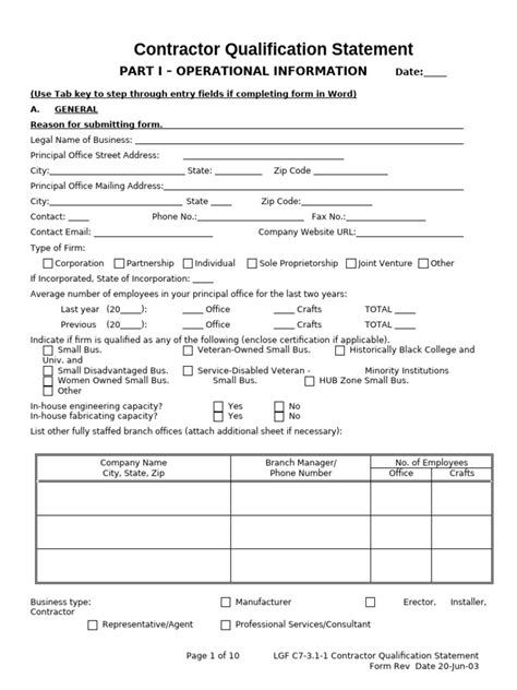 Contractor Qualification Statement Form Pdf Surety Occupational