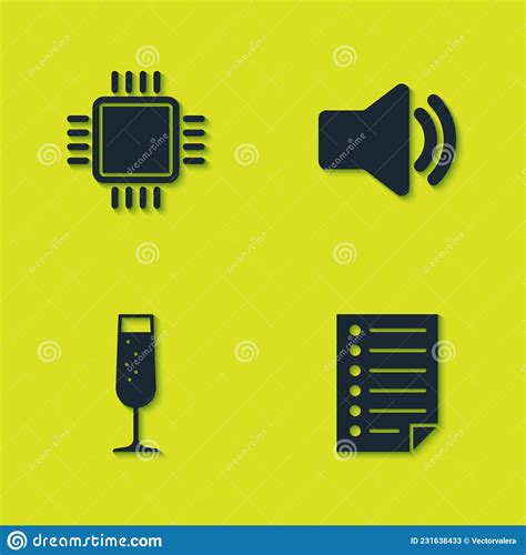 Set Processor With Cpu Document Glass Of Champagne And Speaker Volume