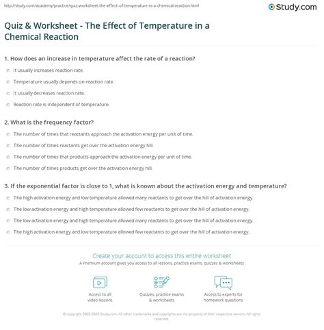 Quiz And Worksheet The Effect Of Temperature In A Chemical Reaction