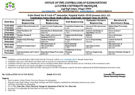 b tech 6th sem date sheet 2022 offline examination pdf