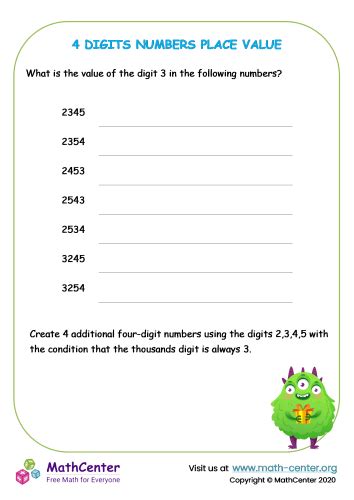 4 Digits Numbers Place Value Worksheets Math Center