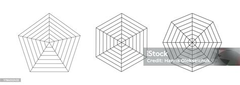 오각형 육각형 팔각형 그래프 레이더 스파이더 템플릿 모음입니다 스파이더 메쉬 빈 방사형 차트 집합입니다 통계 분석을 위한 플랫