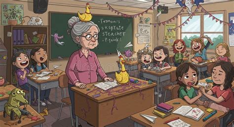 A Whimsical Classroom Scene Shows An Elderly Teacher With A Rubber Chicken Hat In A Stock