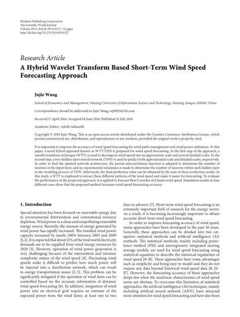 Pdf A Hybrid Wavelet Transform Based Short Term Wind Speed