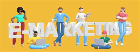 노란색 배경에 노트북 태블릿 전화 및 단어 전자 마케팅과 젊은 다민족 성공적인 사람들의 그룹 수평 배너 만화 캐릭터 와 텍스트 웹 사이트 슬로건 3d 렌더링 공동체에 대한