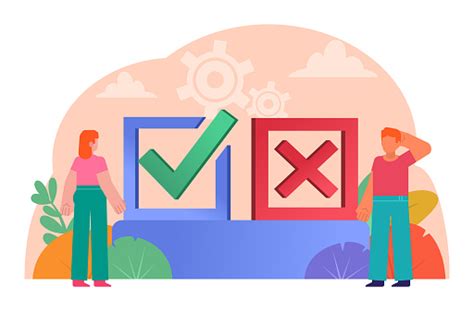 사람들은 큰 수락과 징후를 거부 근처에 서있다 사회 여론조사선거 질문하기에 대한 스톡 벡터 아트 및 기타 이미지 질문하기 투표 개념 Istock