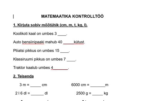 3 Klassi Matemaatika Kontrolltöö Iii Periood Tife