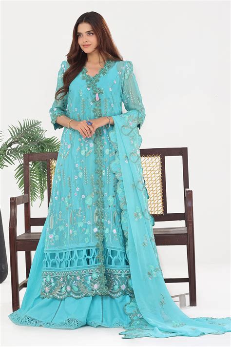 Blue 3 Piece Unstitched Embroidered Chiffon Suit Gul Ahmed Uae