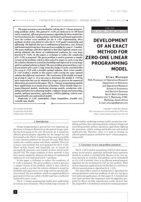 Pdf Development Of An Exact Method For Zero One Linear Programming Model