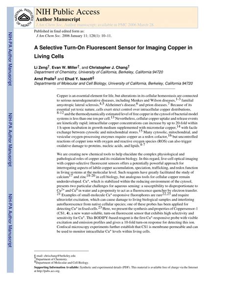 Pdf A Selective Turn On Fluorescent Sensor For Imaging Copper In Living Cells