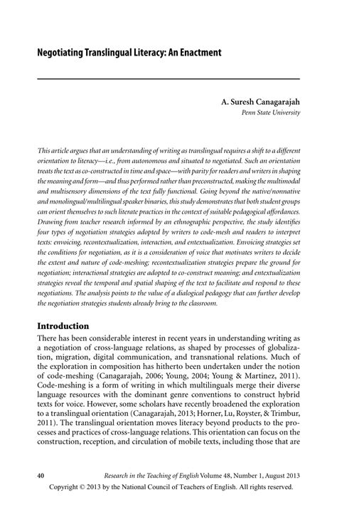 Pdf Negotiating Trans Lingual Literacy An Enactment