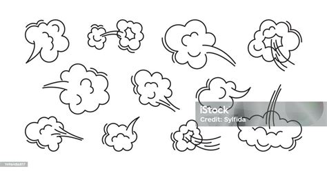 방귀 구름 벡터 라인 아이콘 연기 똥 낙서 만화 호흡 공기 스팀 퍼프 먼지 또는 헛배 부름 만화 냄새 팝 귀여운 가스 세트 개요