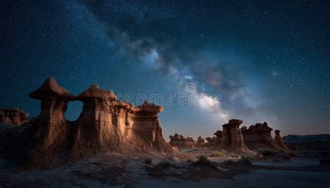 Starry Night Sky And Milky Way Galaxy Above Unique Rock Formations In